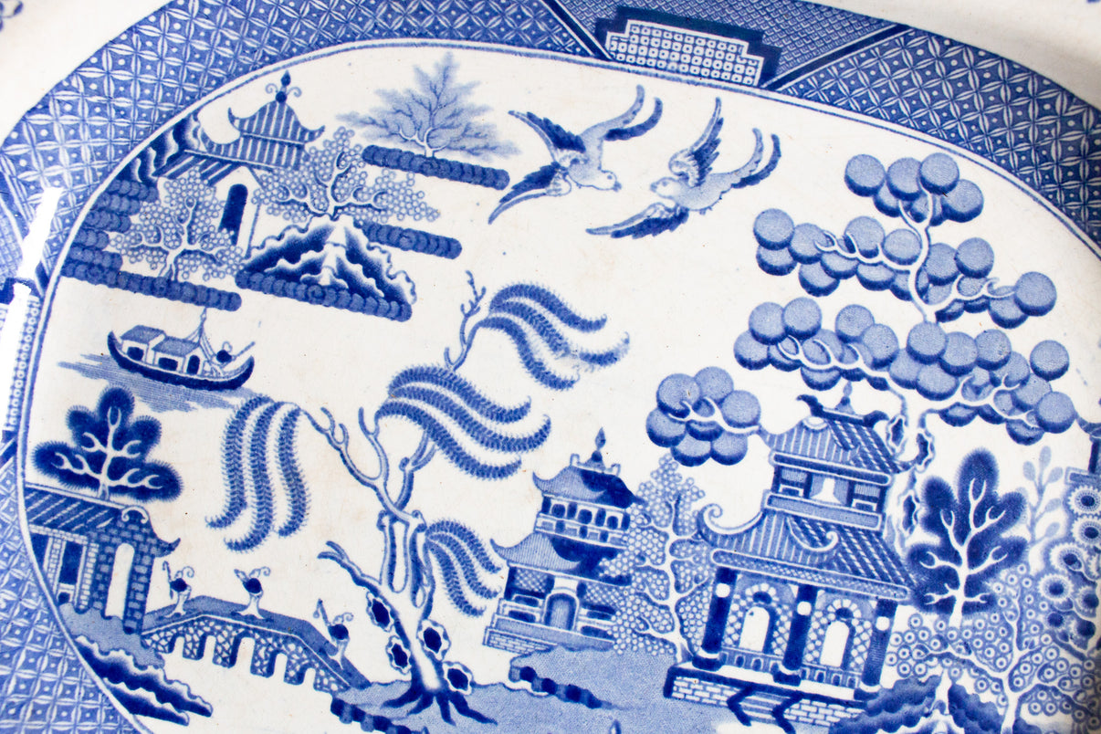 Antique Willow Pattern Blue and White Transferware Serving Platter ...